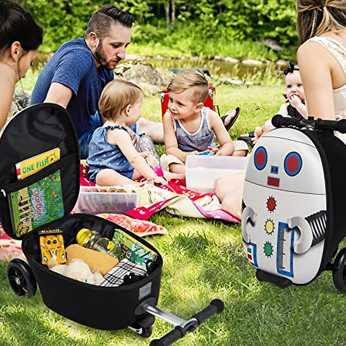 GLACER 19” Hardshell Ride-on Suitcase Scooter, Carry-on Luggage & Scooter w/LED Wheels, Anti-Slip Aluminum Deck, Foldable Kids Ride-on Suitcase for Travel & School, Cute & Lightweight (Robot)