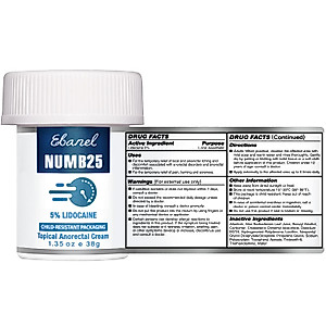 Ebanel 5% Lidocaine Numbing Cream, Pain Relief Burn Itch Numb Cream, Maximum Strength Numb25 Topical Anesthetic with Allantoin, Vitamin E for Local and Anorectal Uses, Hemorrhoid Treatment, 1.35 Oz