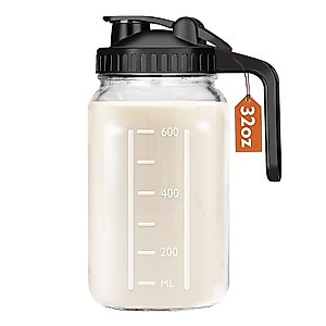 Mihlapi Mason Jar Pitcher With Lid and Spout, 32 OZ Glass Milk Pitcher for milk, Thick Glass Jug Sun Tea Pitcher, Drinks Container, Mason Jar Pour Spout Lid with Wide Mouth for Fridge(1Pack,Black)