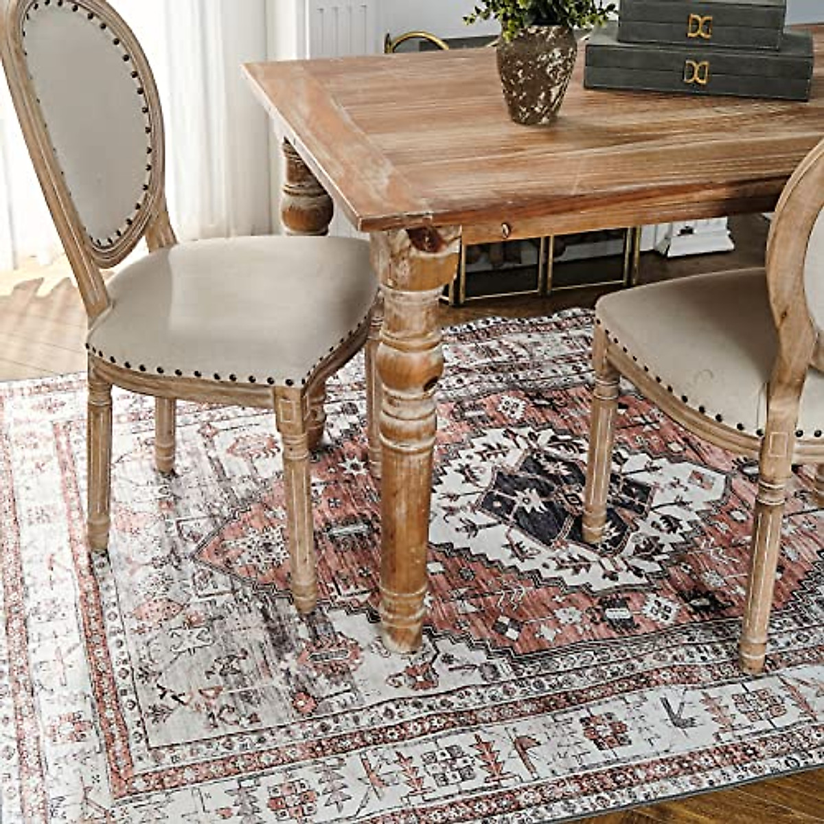 OIGAE Machine Washable Rug 5' x 7', Ultra-Thin Vintage Bohemian Medallion Area Rug, Stain Resistant Non-Slip Backing Rugs for Living Room Bedroom, Red