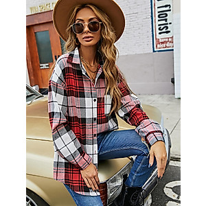 Floerns Women's Casual Plaid Long Sleeve Button Front Collar Blouses Shirts Top Red Black XS