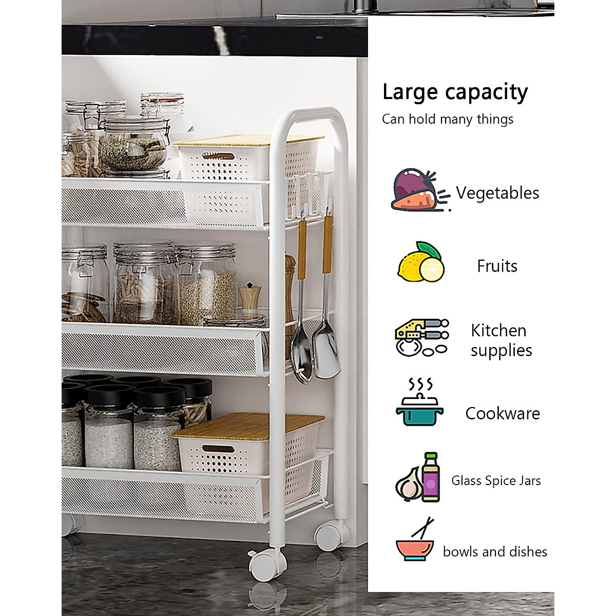 Rolling Utility Storage Rack Cart on Wheels, Trolley Carft cart, Multi-Purpose Organizer Shelf (White, 4 Tier)