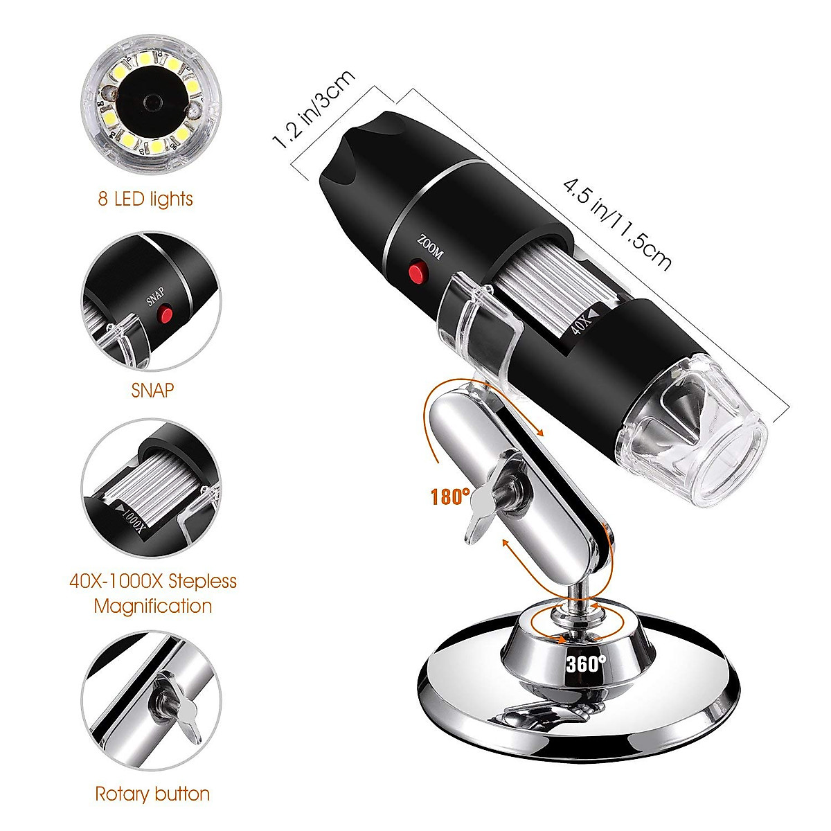 Bysameyee USB Digital Microscope 40X to 1000X, 8 LED Magnification Endoscope Camera with Carrying Case & Metal Stand, Compatible for Android Windows 7 8 10 11 Linux Mac