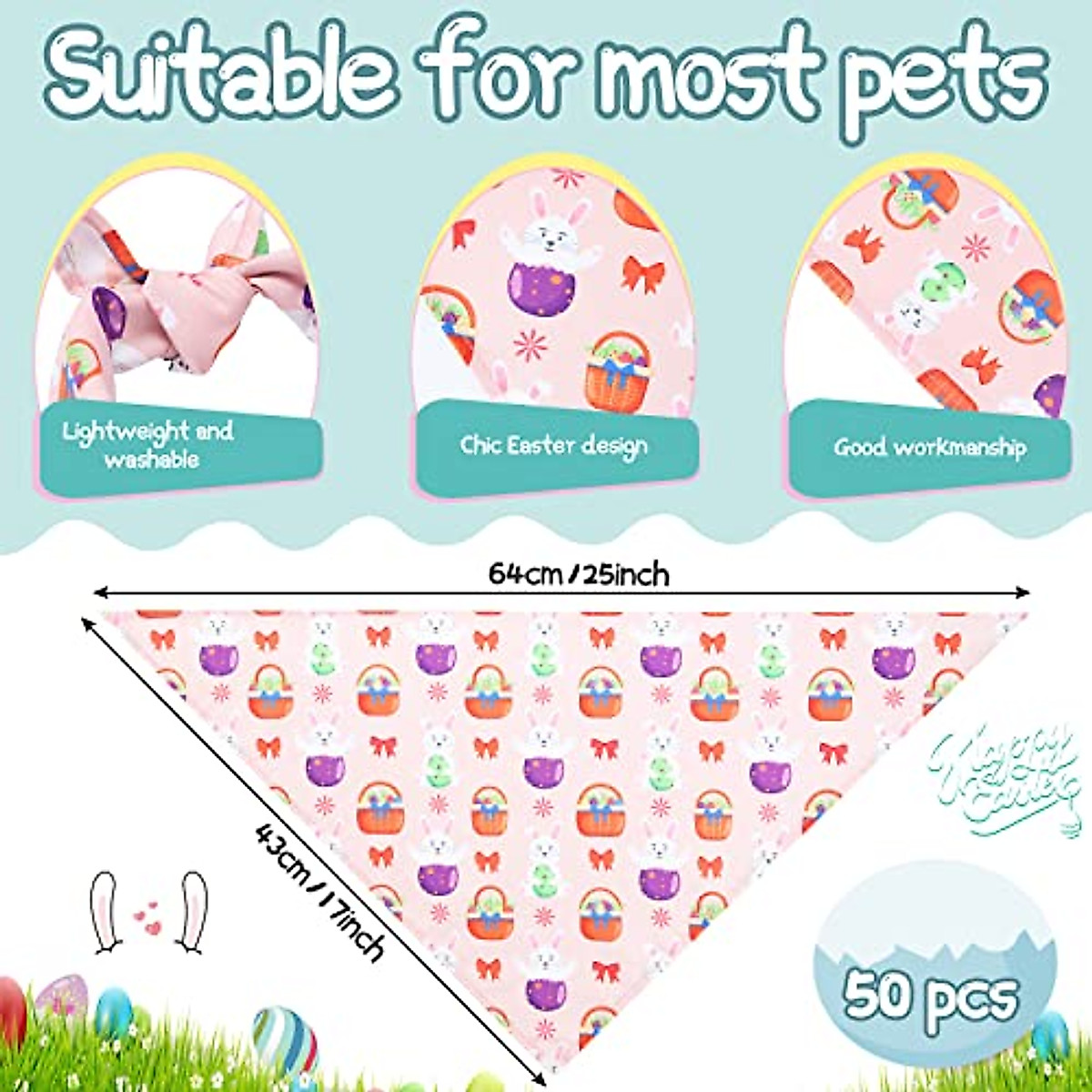 50 Pieces Easter Dog Bandanas Bulk Dog Kerchief Set Bibs Triangle Dog Scarf Dog Bandanas with Easter Egg Rabbit Carrot Patterns for Easter Party Pet Costume Accessories Decoration