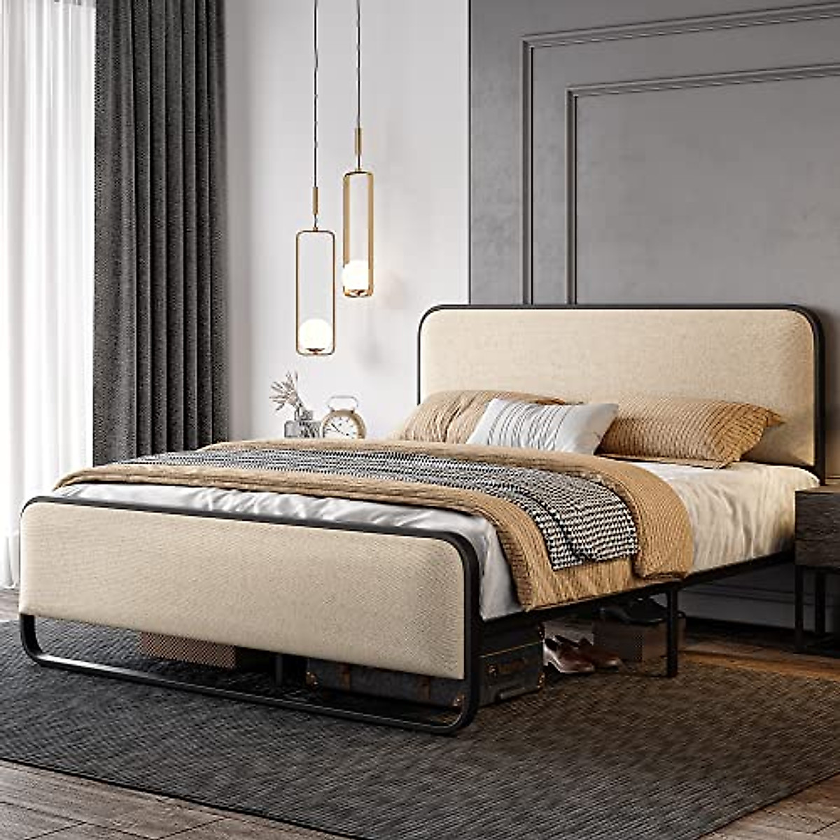 SHA CERLIN Full Size Platform Metal Bed Frame with Curved Upholstered Headboard and Footboard, Large Under Bed Storage, No Box Spring Needed, Modern, Beige
