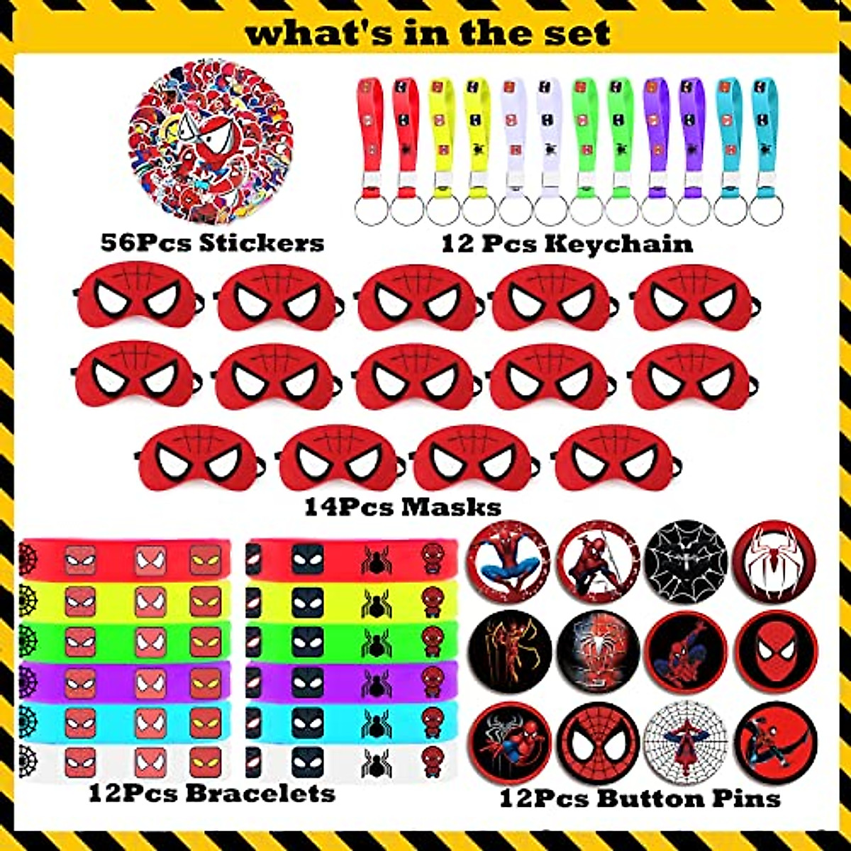 Spiderman Birthday Party Supplies,106Pcs Party Favors,Include 12 Button Pins,12Pcs Key Chain,12Pcs Hand Bracelet,14 Spider Masks,56 Stickers,Best For Spiderman Themed Party