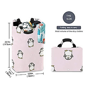 Blueangle Pink Background Penguin Laundry Hamper Large Laundry Basket with Handles Foldable Hamper for Laundry Durable Dirty Clothes Hamper