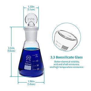 HUAOU 3pcs Glass Erlenmeyer Flask Set, 50ml 150ml 250ml Laboratory Flask with Stopper, Lab Chemistry 3.3 Borosilicate, Narrow Mouth, Printed Graduation, Conical Flask with Cleaning Brush