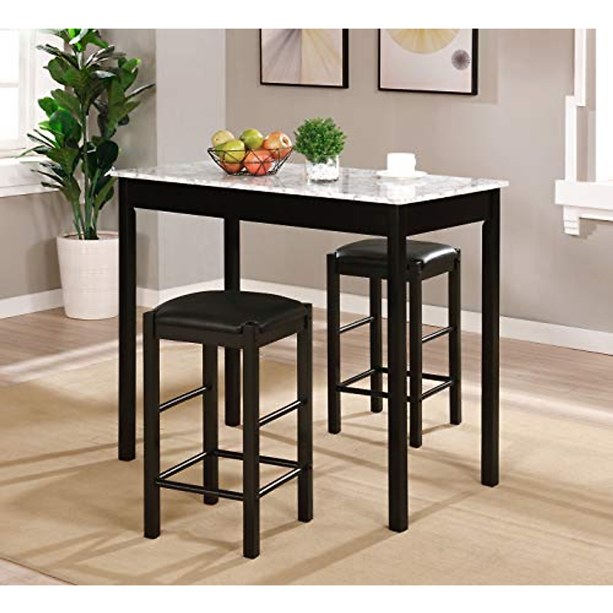 Space Saving Design, Black Finish, Faux Leather Seats, 36 Inch Counter Height Table