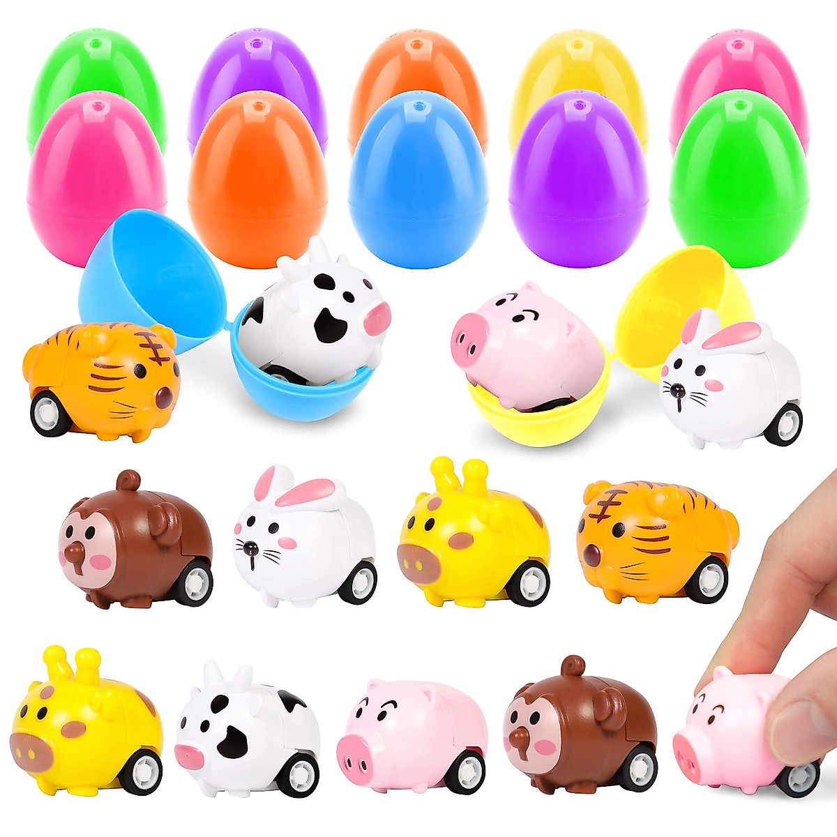 Evoio 12 Pack Easter Eggs Prefilled with Pull Back Cars, Mini Little Vehicles Car Toys for Easter Party Favors, Easter Basket Stuffers, Easter Egg Pinata Fillers, Goodie Bags Fillers, Classroom Prizes