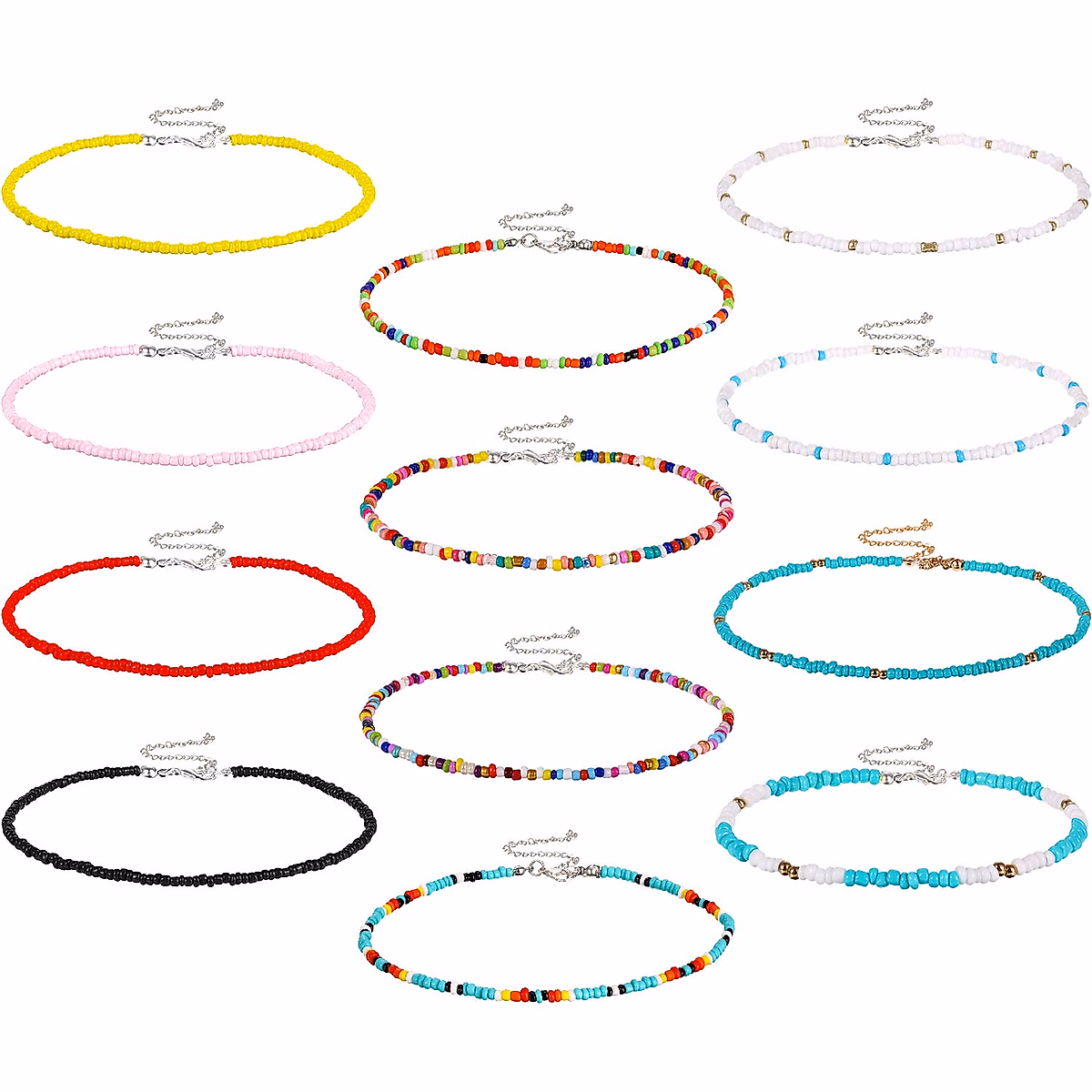 Hicarer 12 Pieces Boho Seed Bead Choker Necklace Colorful Bead Necklaces Rainbow Beach Bead Choker Necklaces for Women