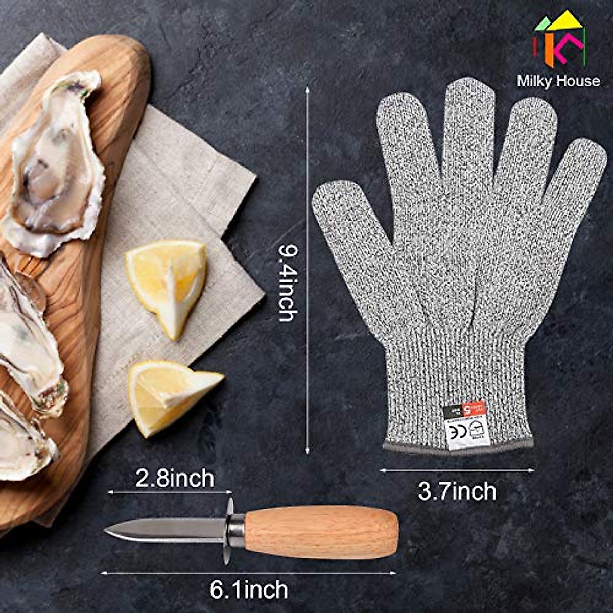 Milky House Oyster Shucking 4 Pieces Set, Oyster Shucker Opener Tool Oyster Shucking Knife with Level 5 Protection Food Grade Cut Resistant Gloves, XL