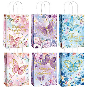 Outus 24 Pcs Butterfly Party Gift Bags Pink Purple Blue Party Gift Goodie Bags Thank You for Fluttering by Gift Bags with Handle for Butterflies Birthday Party Baby Shower Decoration