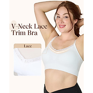 Coobie Women's V-Neck Lace Trim Bra, Pullover Wirefree T-Shirt Bra,White,X-Large