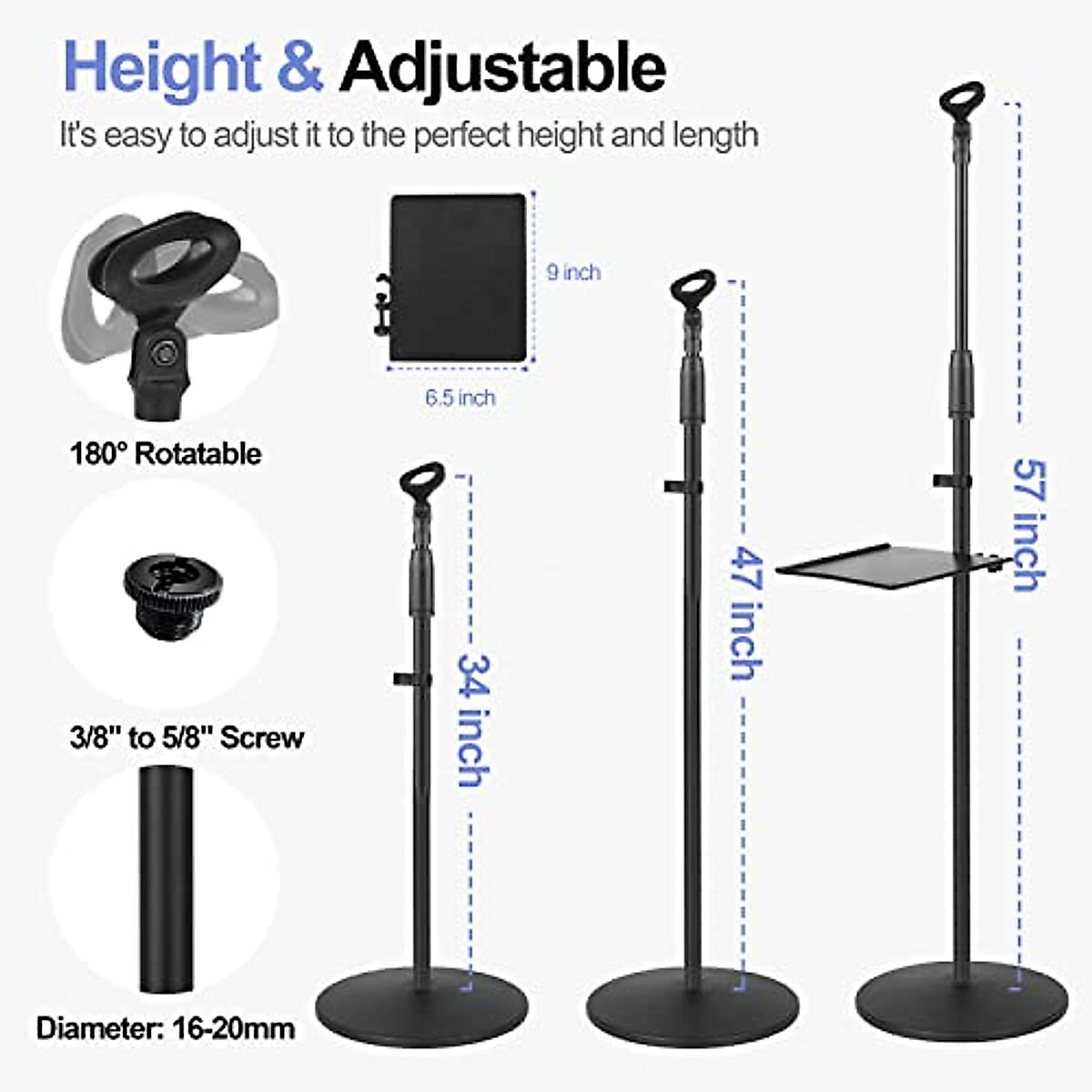 OUKMIC Microphone Stand, Adjustable Karaoke Mic Holder for Singing, Universal Floor Standing Detachable Mike Stand with Weighted Round Base, Cable Clip, Barrel Mic Clip and Tray for Kids Adults