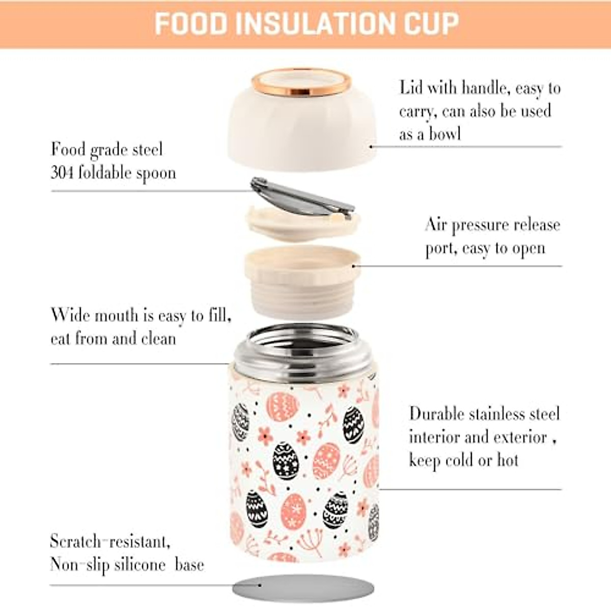 Easter Egg Small Flowers Kids Womens Lunch Insulated Jar with Spoon 17oz/500ml Hot Lunch Containers Stainless Steel Vacuum Leak Proof Food Storage for Short Travel