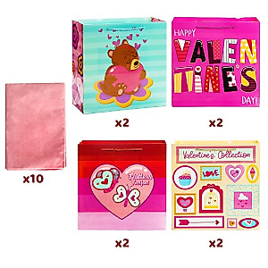 JOYIN 8 Pcs Valentine’s Day Gift Bags with Tissue Paper and Handles,Large Kraft Bags with Pockets for Gift Cards, Goody Bags for Gift Exchange Present Wrapping Party Favor (5X 11.9 X 11.9 inch)