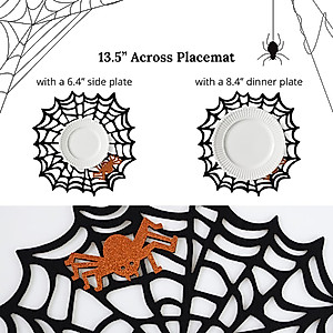 Feuille Round Halloween Placemats Set of 4 13.5 Inch Black Spider Web Placemats with Orange Glitter Felt Spider Placemats Perfect for Halloween Decorations Indoor