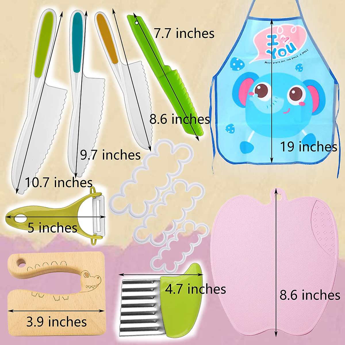 13 Pcs Wooden Kids Kitchen Knife Set, Variety Kids Safe Knifes and Kitchen Tools for Real Cooking, Parent-Child Games and Exercise Hands-On Ability and Gifts