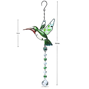 Stained Glass Hummingbird Window Hangings, Indoor Window Hanging Crystals Ornaments, Hanging Clear Crystals Ornament Decoration for Home, Garden, Office (Green)
