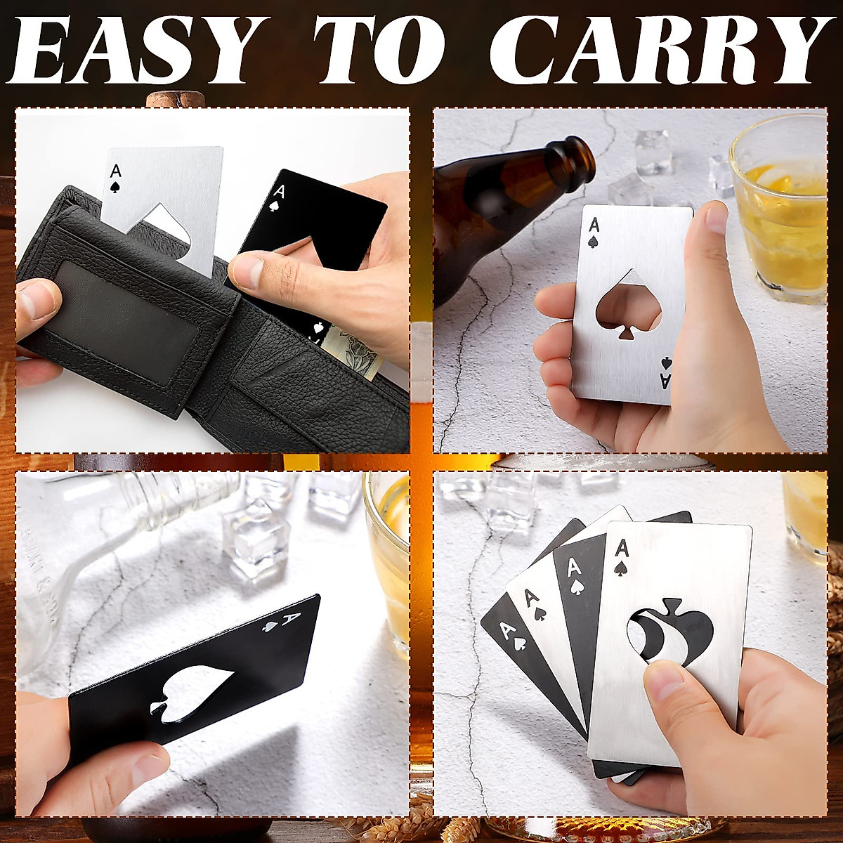 Poker Card Bottle Openers Stainless Steel Can Openers Beer Opener Ace Card Bottle Cap Openers Poker Cap Openers for Wedding Birthday Party Bridal Shower Table Tools Supplies (Silver, Black,24 Pieces)