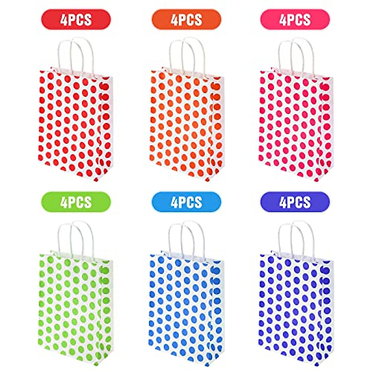 24 PCS Gift Bags, Party Favor Bags with Handles(160X 80 X 220mm),6 Colors Flat Bottom Kraft paper Bags with Handles Suitable for Christmas,Halloween,Kids Birthday,Wedding Party. (Cute Dots)