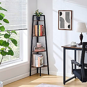 Hoctieon Corner Shelf, 4-Tier Corner Bookshelf, Rustic Corner Ladder Shelf, Industrial Display Shelf for Living Room, Kitchen, Home Office, Balcony, Small Space, Metal Frame, Rustic Brown