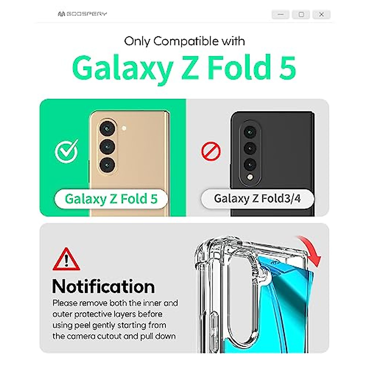 GOOSPERY Crystal Clear Bumper Case Compatible with Galaxy Z Fold 5, Ultimate Slim Pocket Friendly Thin Design Super Real Crystal Clear Transparent Lightweight Hard PC Back Cover - Clear
