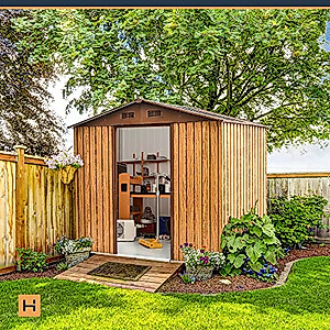HAPPATIO Storage Shed 8x6', Outdoor Shed Woodgrain-Look Galvanized Metal Shed, Outside Sheds with Double Sliding Doors, Foundation, Outdoor Storage Shed Waterproof for Backyard, Garbage, Patio, Bikes