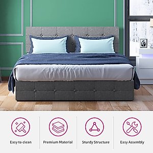 Mixoy Upholstered Platform Bed Frame with 4 Storage Drawers,Cal King Bed Frame with Square Button Tufted Adjustable Headboard, Wood Slat Support,No Box Spring Needed,No Mattress (Cal King,Dark Grey)