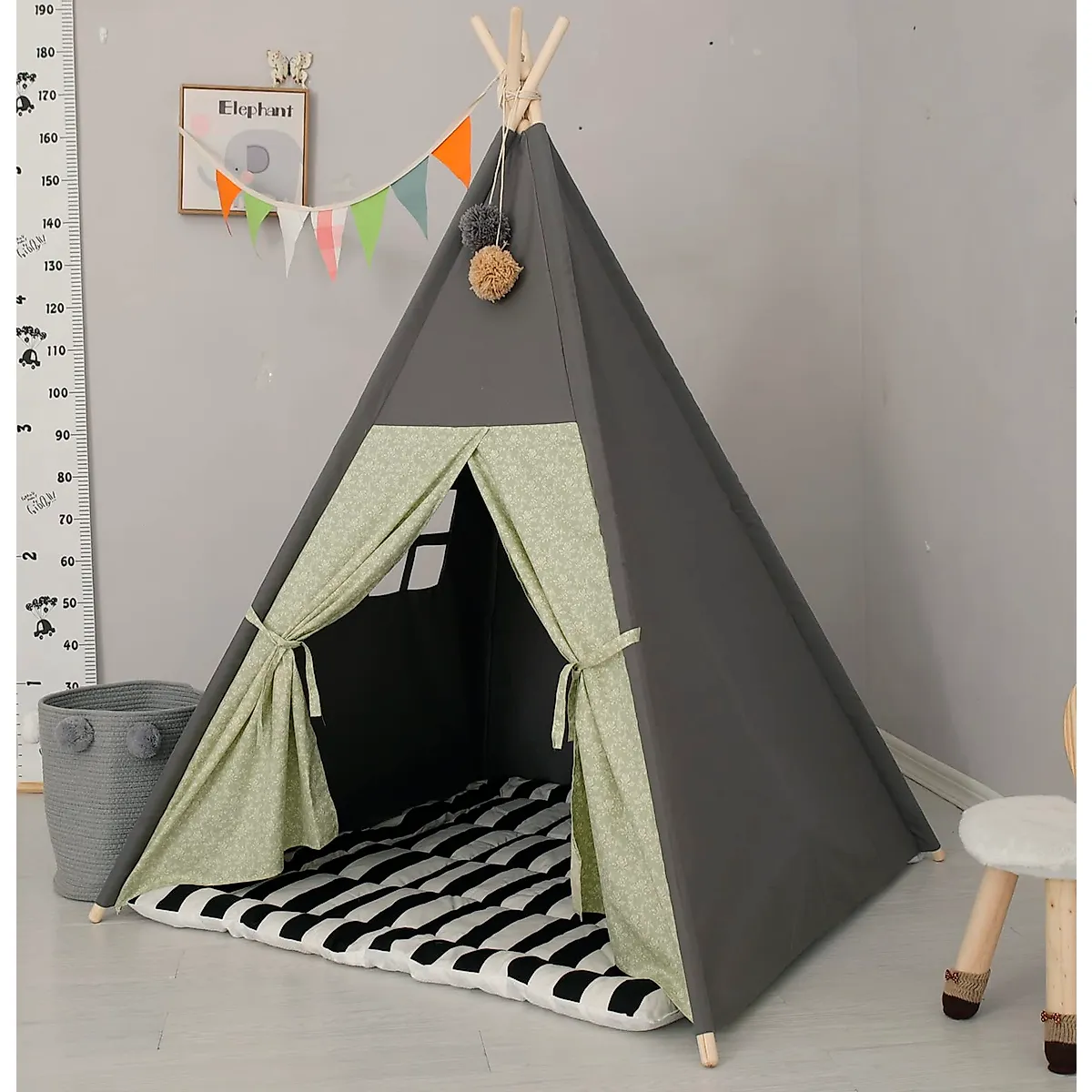 TreeBud Teepee Tent for Kids Stripe Padded Mat Foldable Dark Tone Grey Play Tents for Girl and Boy with Carry Case Wooden Pole Printing Canvas Tepee Playhouse for Child Indoor Outdoor
