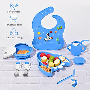 7 Pieces Silicone Baby Feeding Set, Food-Grade Astronaut Theme, Suction Plate and Bowl for Baby, Spoon, Fork, Bib, Cup, Straws, Baby Feeding Essentials for 6+ Months (Blue)