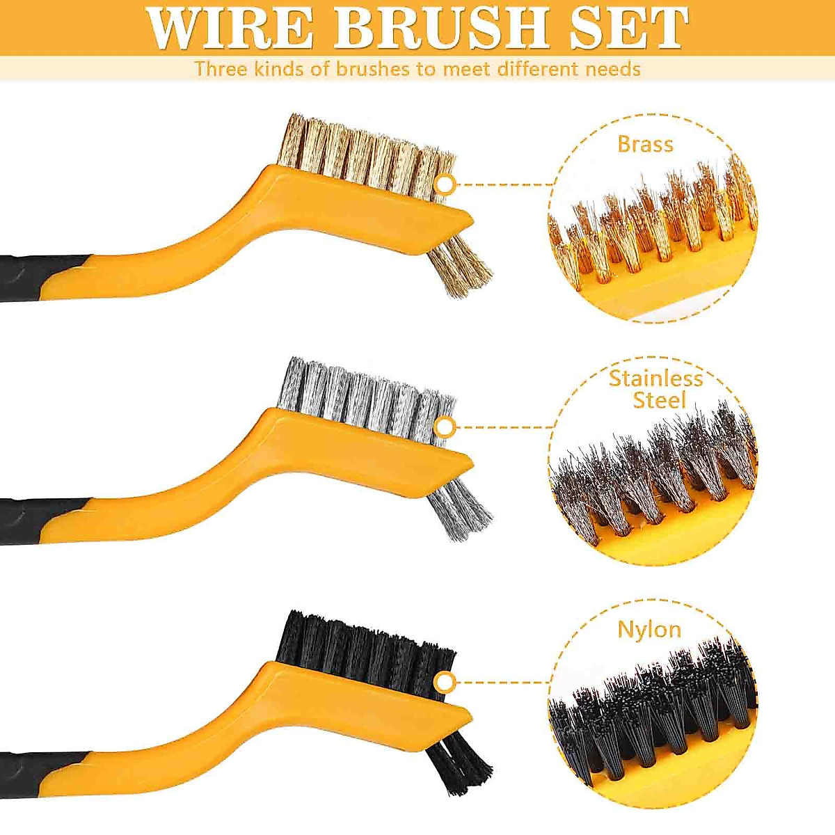 6 Pcs Wire Brush, Wire Brush Set, Brass/Nylon/ Steel Brush and Cleaning Spatula, Premium Metal Brush with Curved Handle Grip, Wire Brushes for Cleaning Rust, Cratches, Weld Slag, Paint and Stain