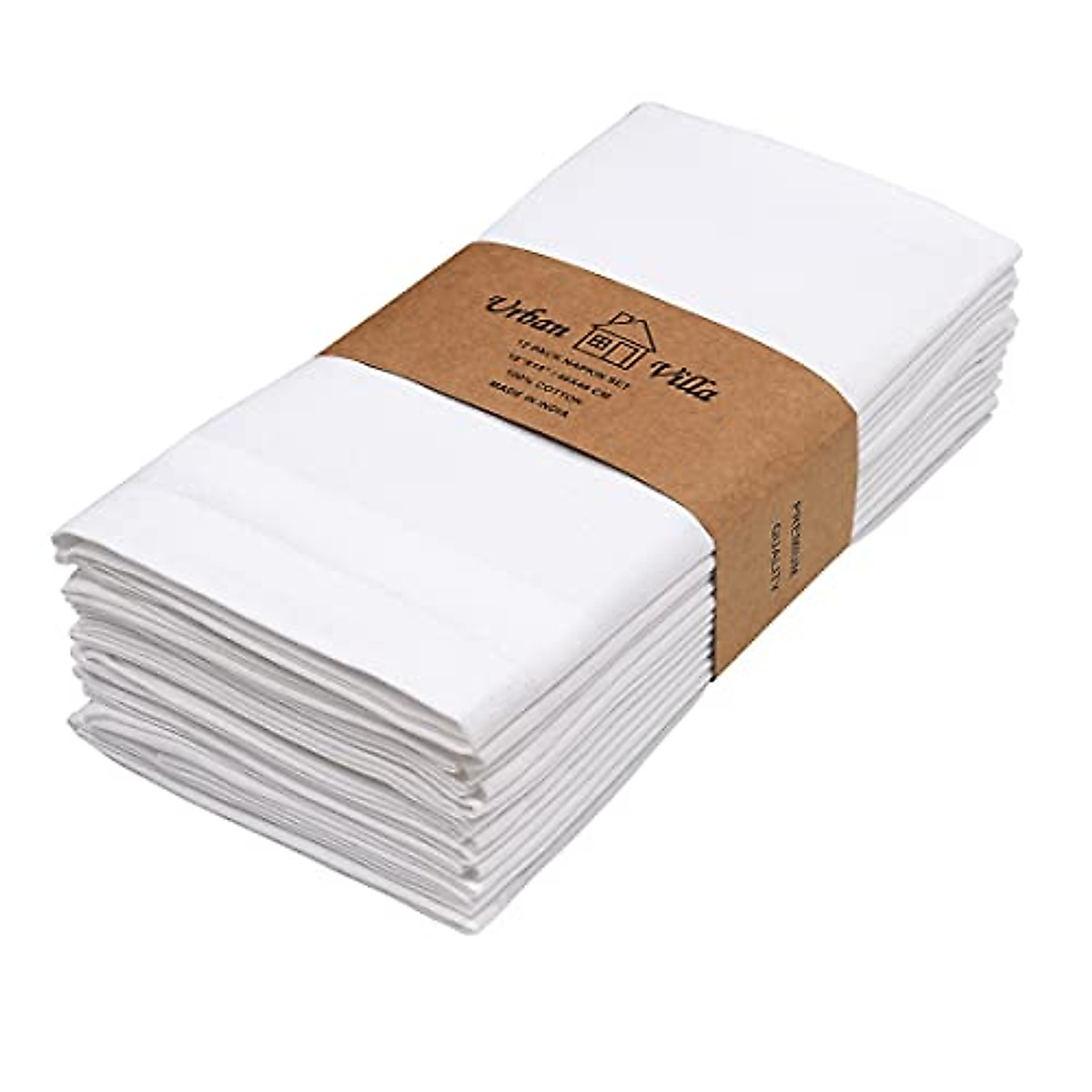 Urban Villa Dinner Cloth Napkins 100% Cotton Hotel Quality, Size 18x18 Inches, Set of 12, White