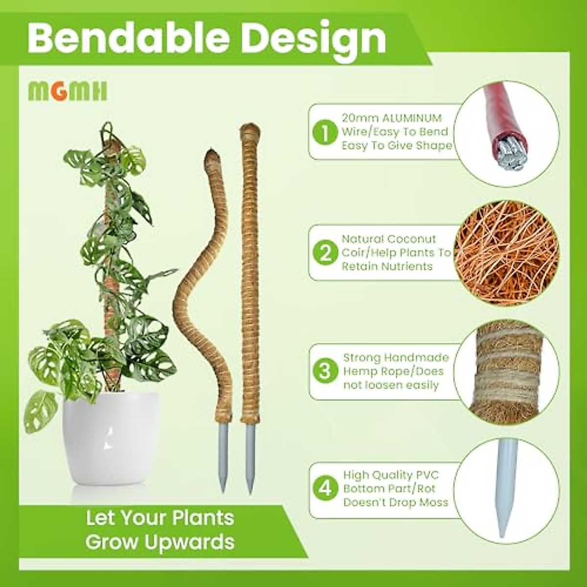 MGMH Coco Coir Moss Pole for Plants, 2 Sticks 25 Inch Bendable Plant Stakes Made of Real Coco Coir, Good for Climbing Plants Monstera and Other Creeper Plants Grow Upwards