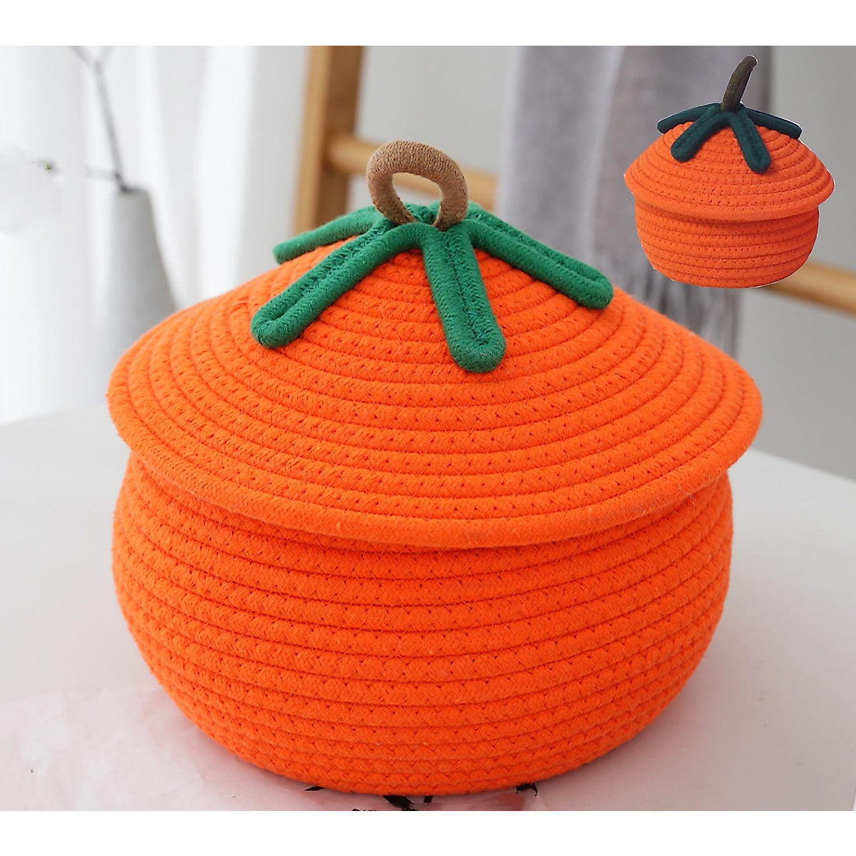Halloween Pumpkin Basket with Lid,Candy Basket Decorative Cute Basket, Orange Woven Rope Basket Trick or Treat Bucket for Caddy Snacks Organizer (L)