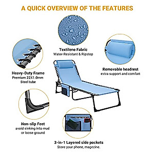 #WEJOY 2 Pack Outdoor Folding Camping Chaise Lounge Chair Portable Beach Lounge Chair Outdoor Folding Lounge Chairs Sets of 2 Adjustable 4-Position with Pillow, Patio, Lawn, Beach, Pool, Sunbath, Blue