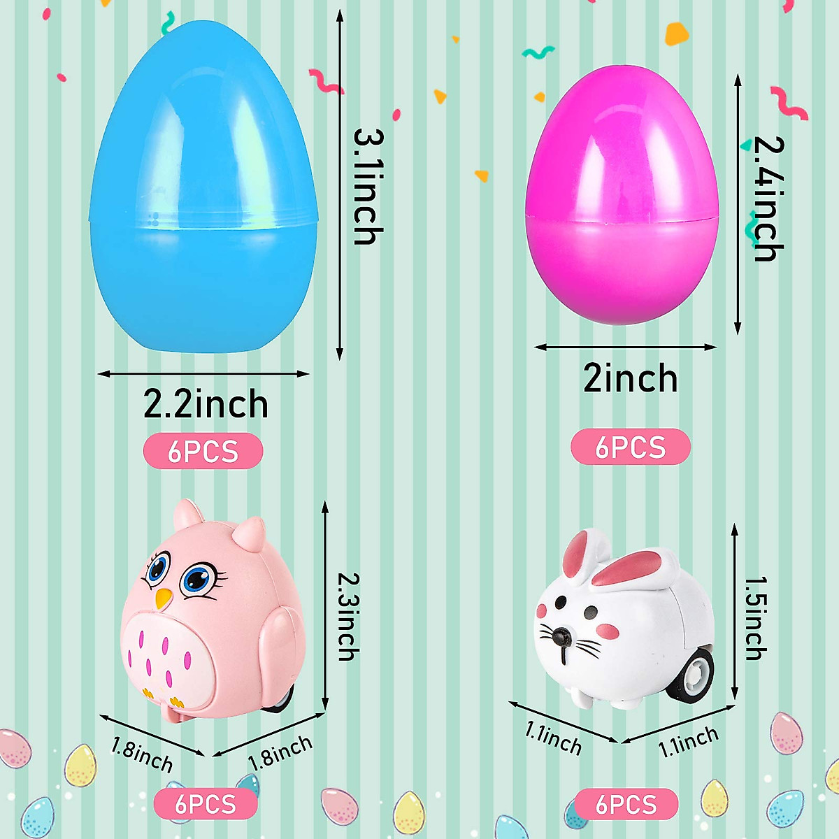 LovesTown 12 PCS Easter Eggs with Toys Inside, Easter Stuffed Eggs with Animal Pullback Toy Cars Surprise Eggs Easter Theme Party Favor for Easter Eggs Hunt Game Easter Basket Stuffer