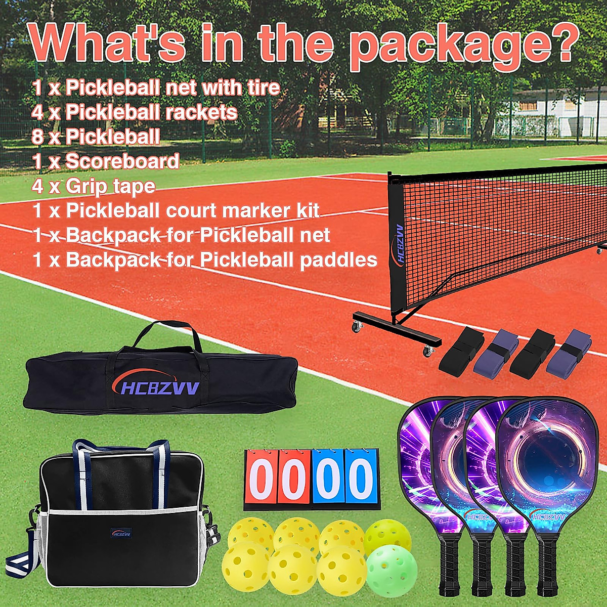 Pickleball Paddles Set |18mm Thick Professional Lightweight Fiberglass Pickleball Racket Set with Customized Bag | Pickleball Paddle Gifts for Beginners & Pros (4 Paddles set with Net)