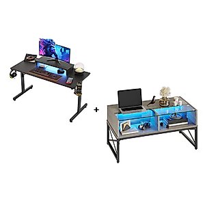 Bestie Gaming Room Set 42 inch LED Small Gaming Desk with Monitor Stand Bundle with LED Coffee Tables for Living Room,