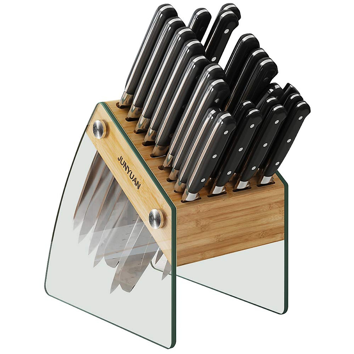 23 Slot Clear Knife Block Without Knives,Kitchen Knife Holder Organizer Stand Durable Bamboo Knife Dock Rack with Transparent Tempered Glass.