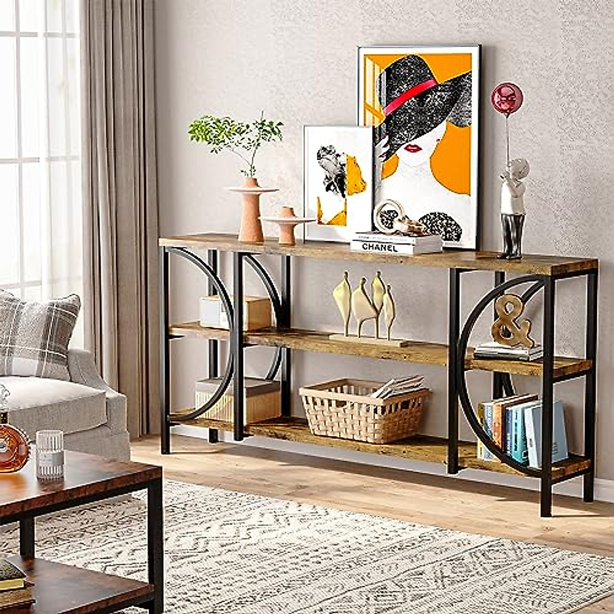 Tribesigns 70.9 Inch Extra Long Sofa Table, 3 Tier Narrow Console Table with Storage Shelves, Industrial Entryway Table Behind Sofa Couch for Living Room, Hallway, Foyer, Rustic Brown