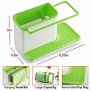 Kitchen Sponge Holder for Sink - Kitchen Sink Caddy - Sink Organizer with Brush Dispenser Holder and Drain Pan Tray - Dish Sponge Holder – Dual Use Sponge Brush Soap Dish Holder with Rag Rack