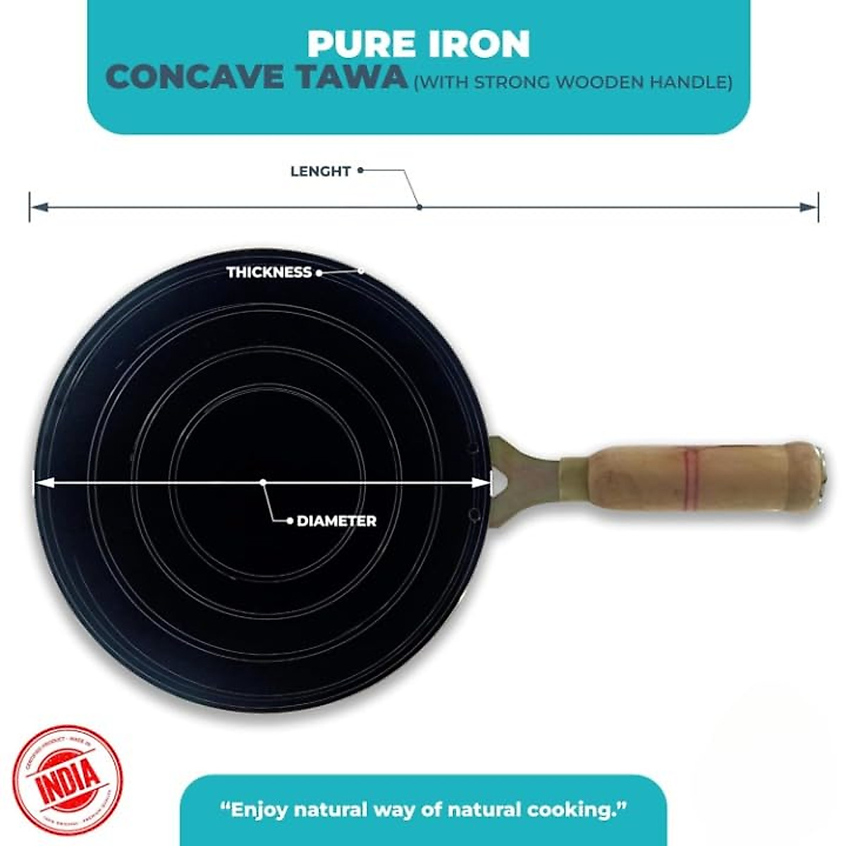 KASHVIYA Iron Concave Roti/Chapati/Paratha/Fulka Tawa with Wooden Handle 27.5 Cm|11 inch|2 mm Thick Original Iron