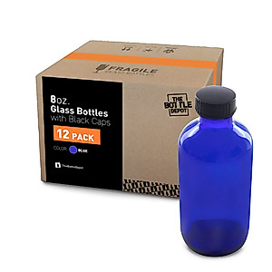 The Bottle Depot - 12 Pack - 8 oz Glass Bottles with Lids - Blue - 28-400 Neck Finish - Boston Round Bottles - UV Rays Protection