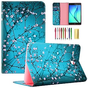 UUcovers T377 Tablet Case for Samsung Galaxy Tab E 8.0 Inch 2016 Model (SM-T377A/T377V/T377P/T375/T378) PU Leather Folio Stand Wallet Soft TPU Back Shockproof Cover with Card Pocket, Pear Flower Blue