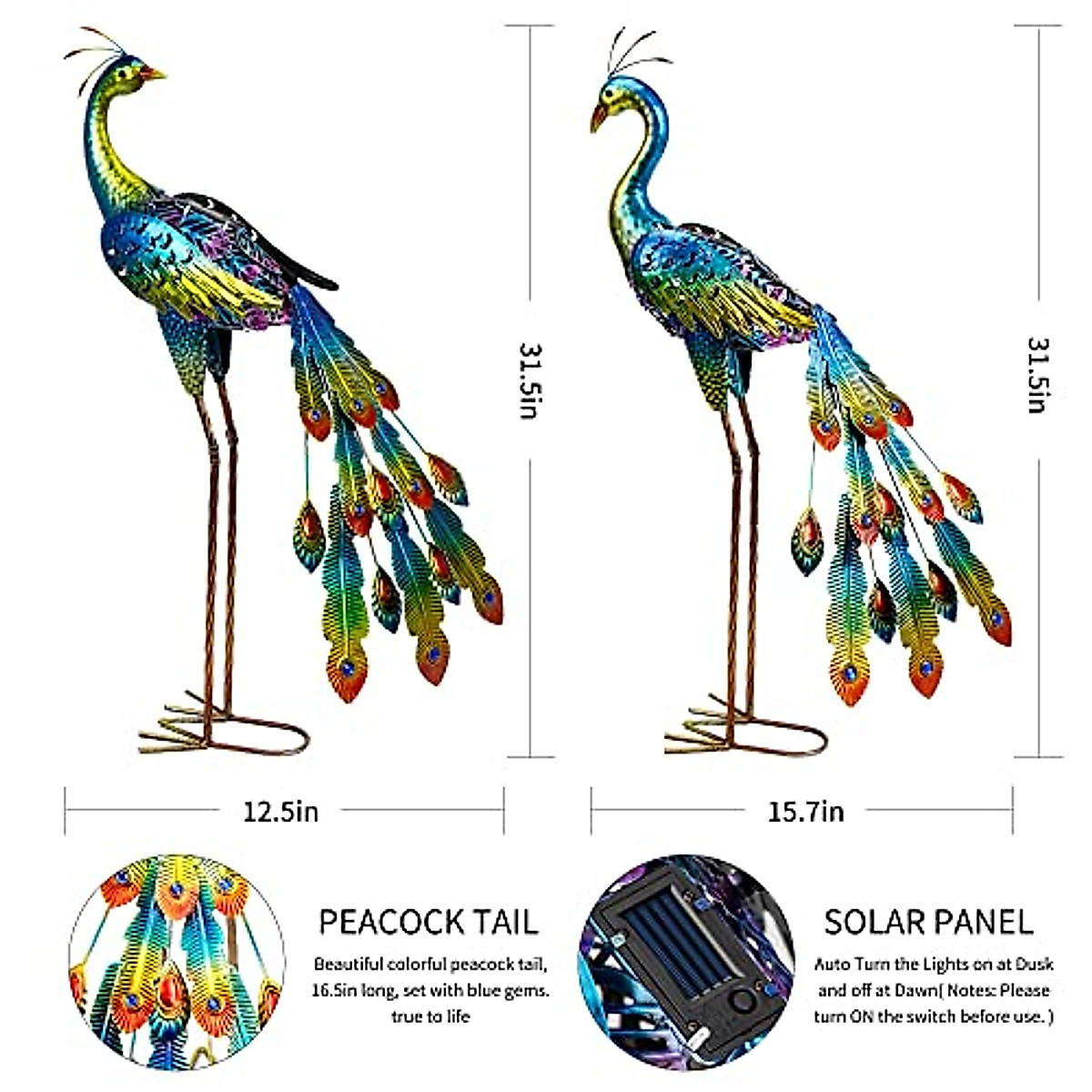 Glintoper 2 Pack Solar Peacock Garden Decor, Metal Peacocks Figurine Lights, LED Solar Powered Decorative Yard Statue Art Waterproof for Landscape Patio Yard Walkway Pathway Lawn