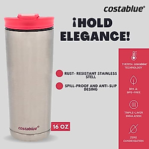 costablue Travel Coffee Mug - 16 Oz. Stainless Steel Insulated Coffee Mug, Leak Proof Tumbler w/Dishwasher Safe Lid, Double Wall Travel Coffee Cup, Reusable Insulated Tumbler for Hot & Cold Beverages