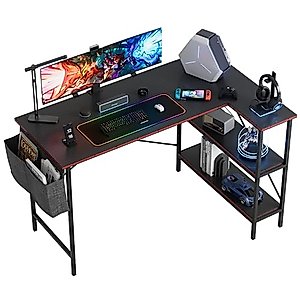 Kemon L Shpaed Desk, 47 Inch Computer Corner Desk, Gaming Desk with Storage Bag, Home Office Writing Desk with Reversible Storage Shelf, Space-Saving Workstation Desk, Carbon Fiber Black