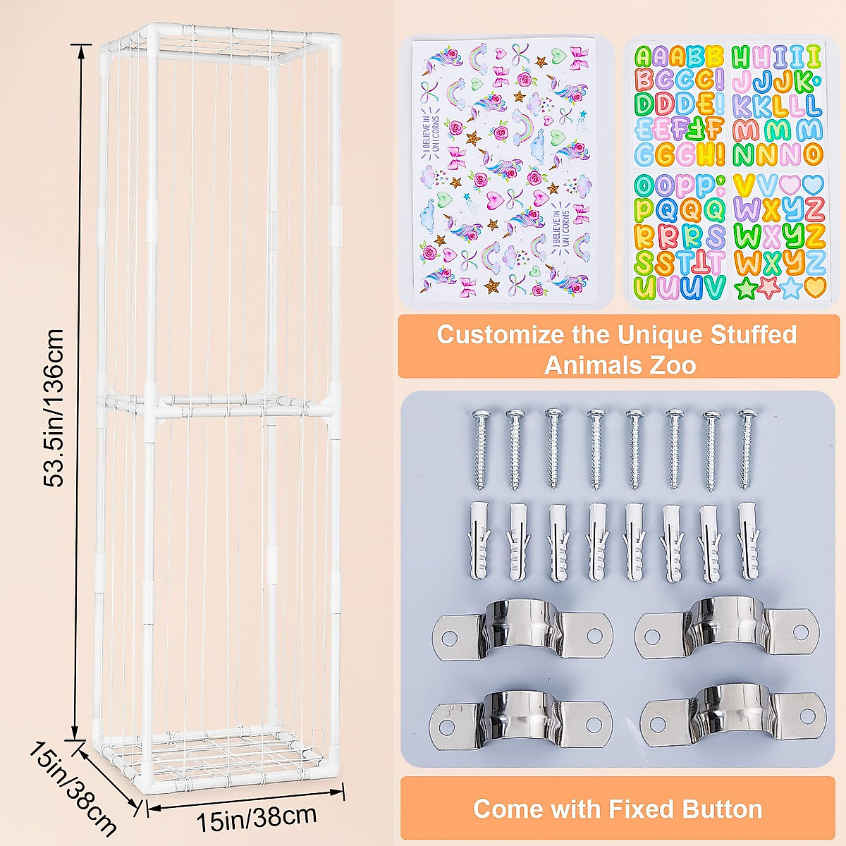 FIOBEE Stuffed Animals Zoo Storage Stuffed Animals Holder Organizer Large Toy Storage Shelf with Elastic Band Stuffed Animals Cage for Nursery Playroom Bedroom Room Furniture, White, L
